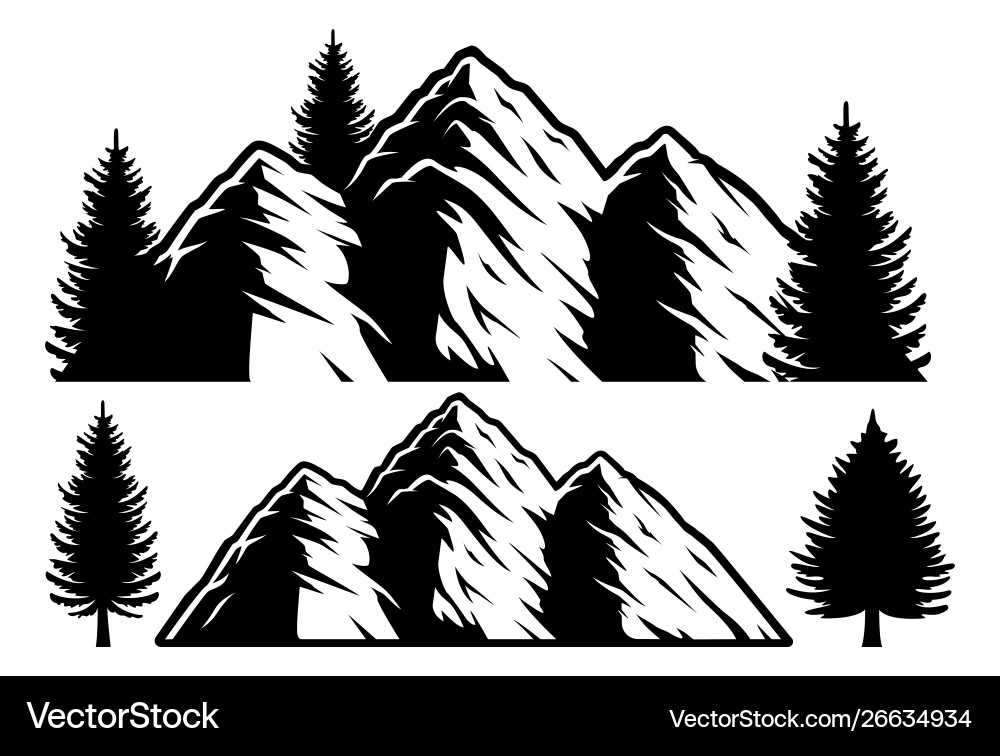 Black and white mountains trees Royalty Free Vector Image