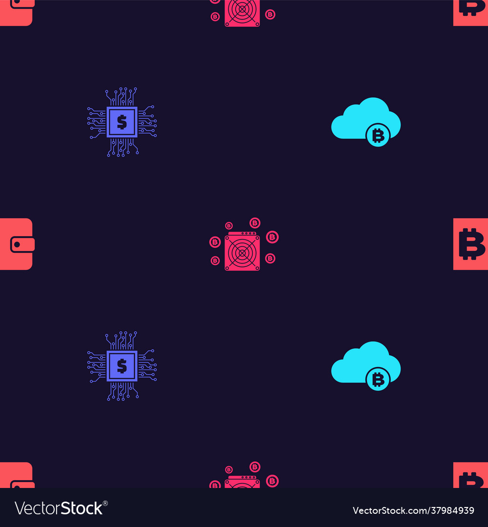 Set cryptocurrency cloud mining processor chip Vector Image