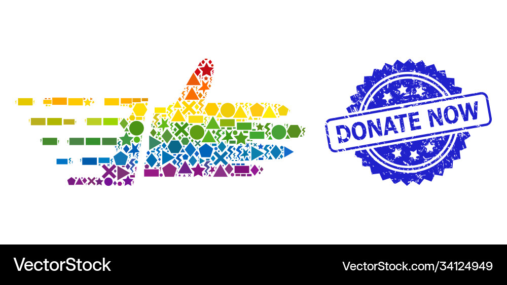 Rubber donate now seal and bright geometric hand Vector Image