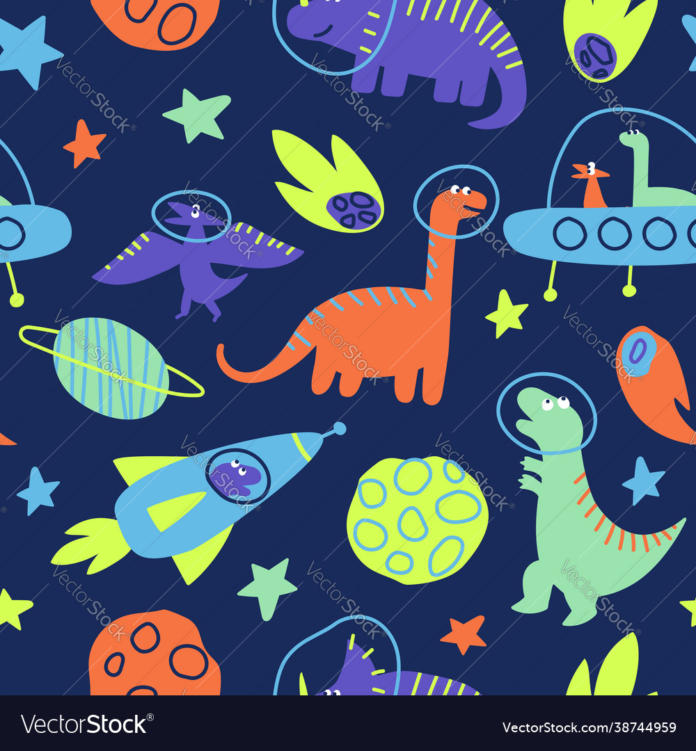 Seamless pattern dinosaurs traveling in space Vector Image