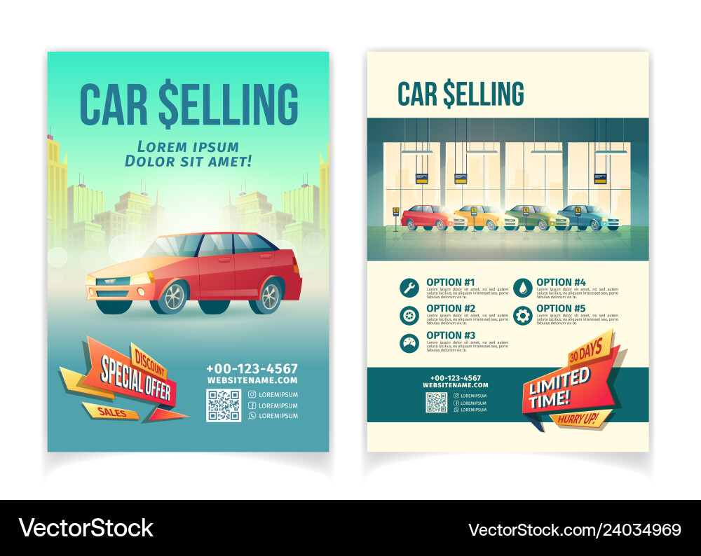 Car selling ad flyer cartoon template Royalty Free Vector