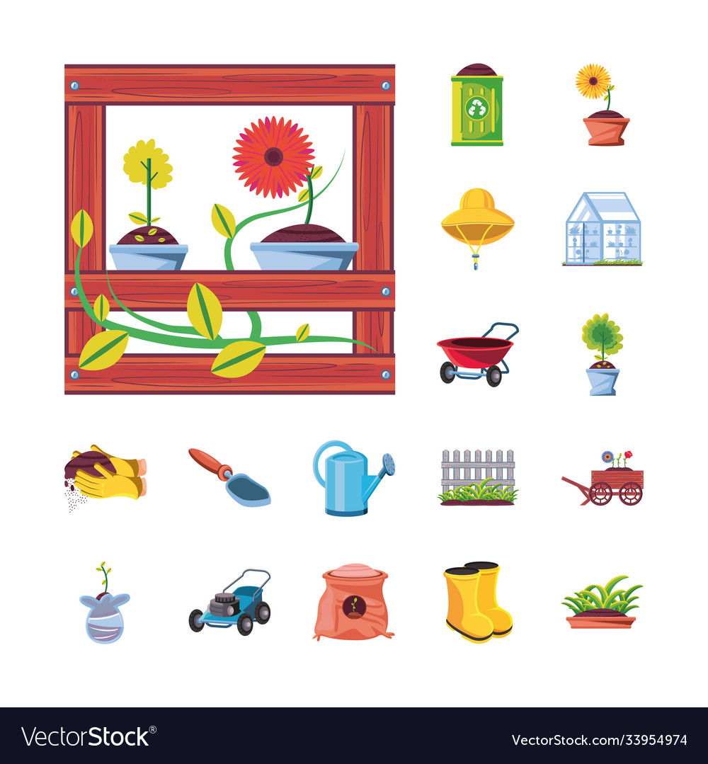 Garden detailed style symbols set design Vector Image