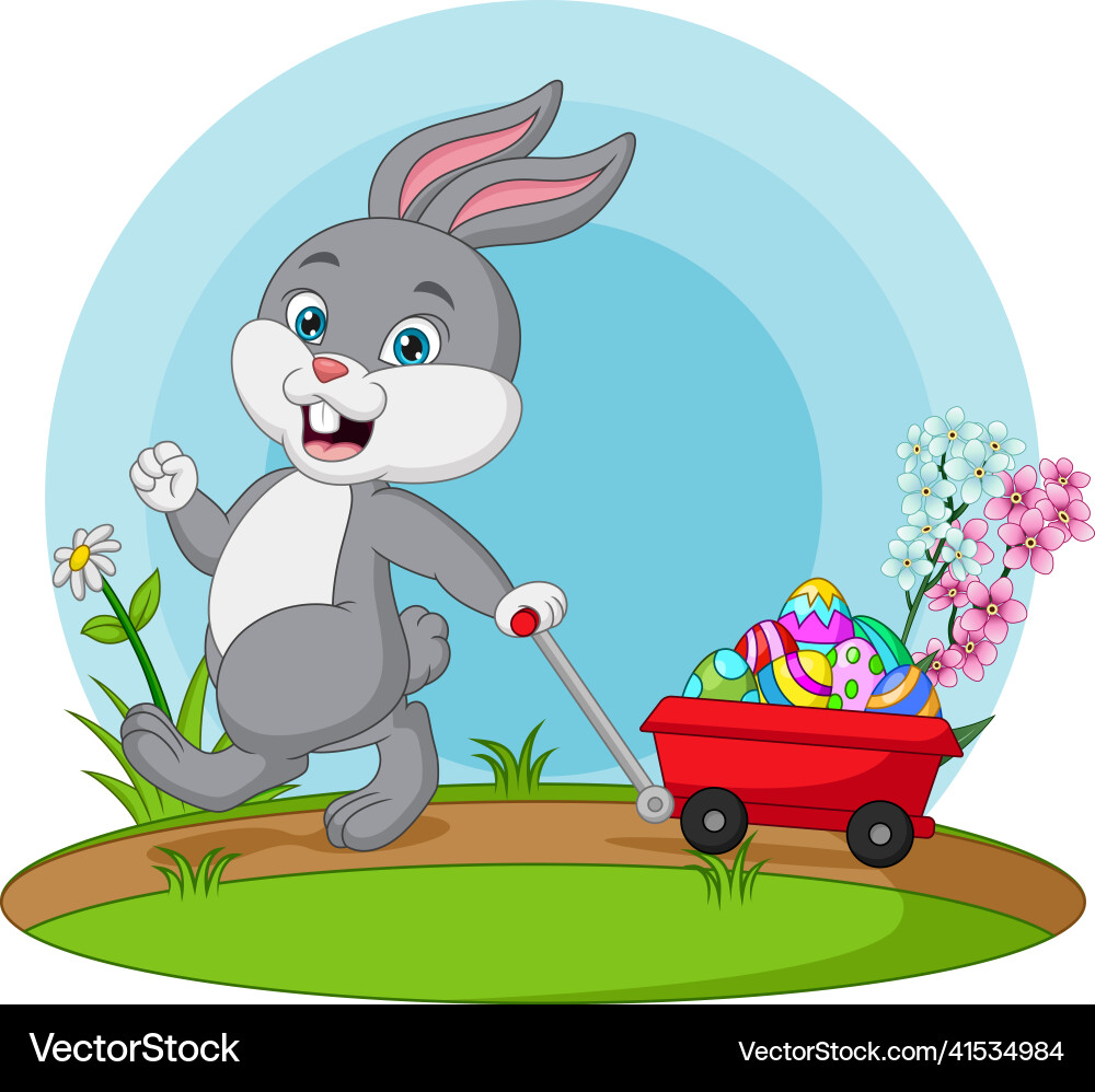 Cute little bunny carrying a cart with easter eggs