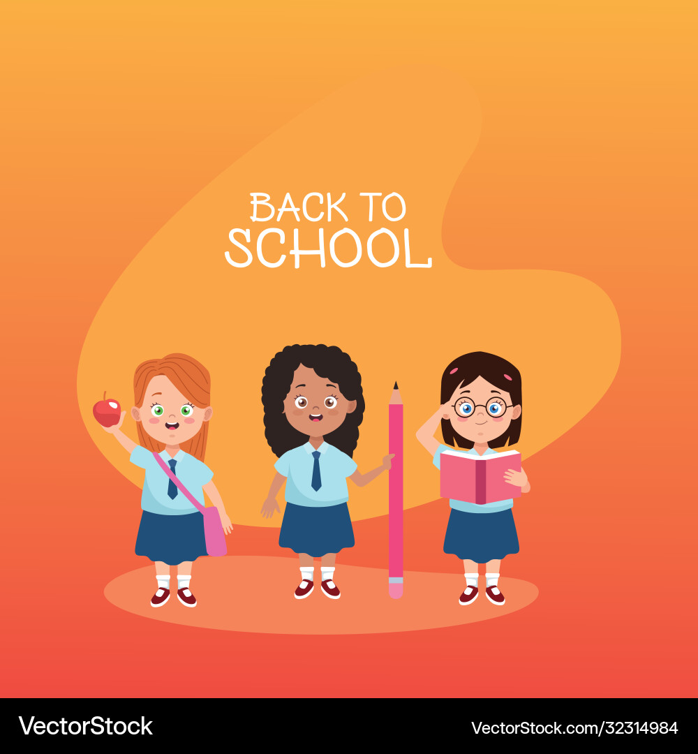 Little students girls with uniforms characters Vector Image
