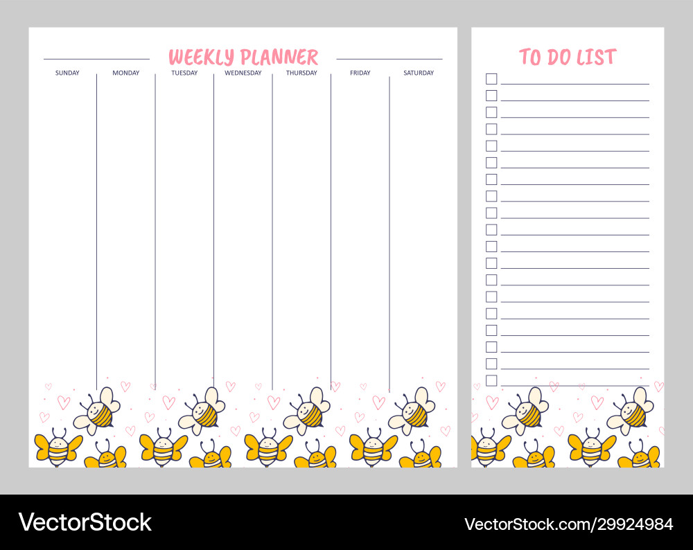 Set planners with cute bees weekly planner Vector Image