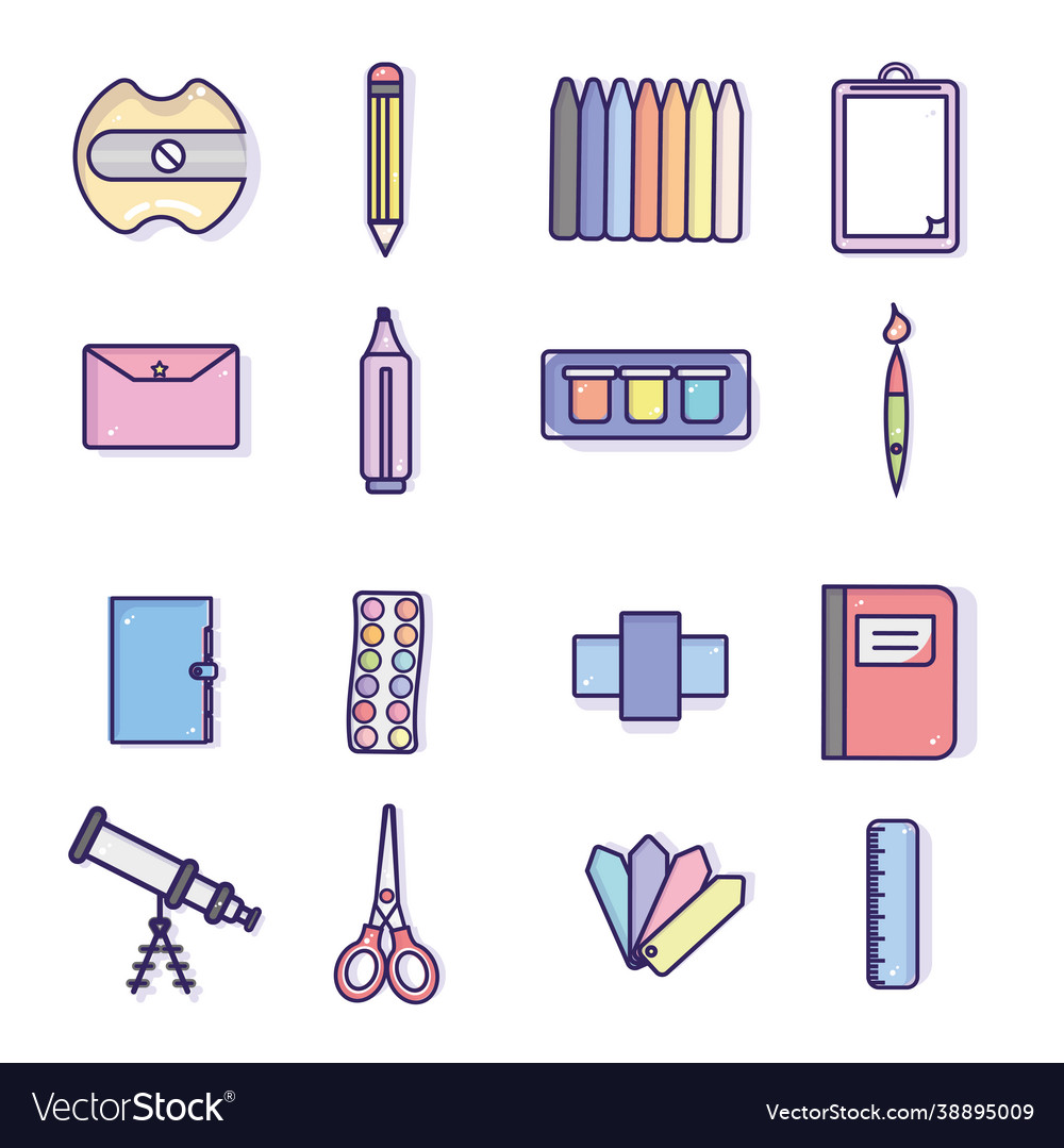 Set different school supplies icons Royalty Free Vector