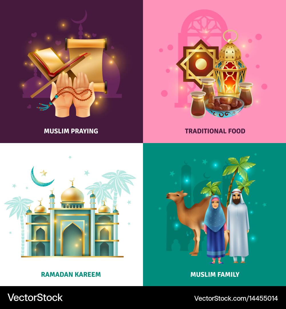 Ramadan traditions concept 4 icons square Vector Image