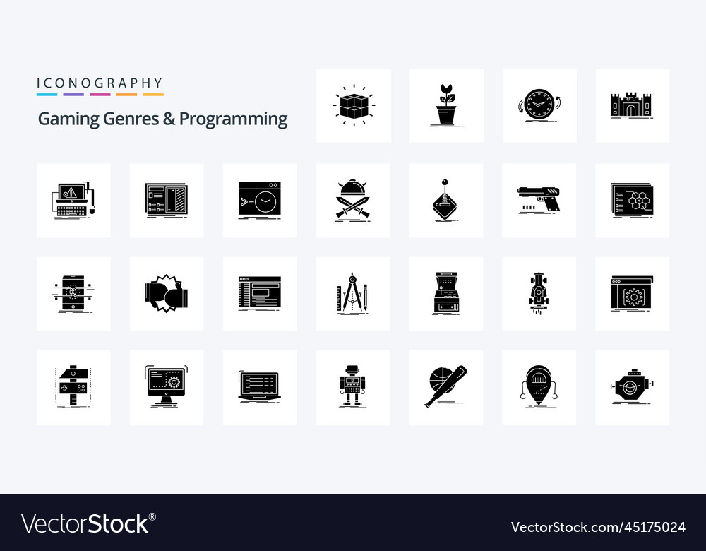 25 gaming genres and programming solid glyph icon Vector Image