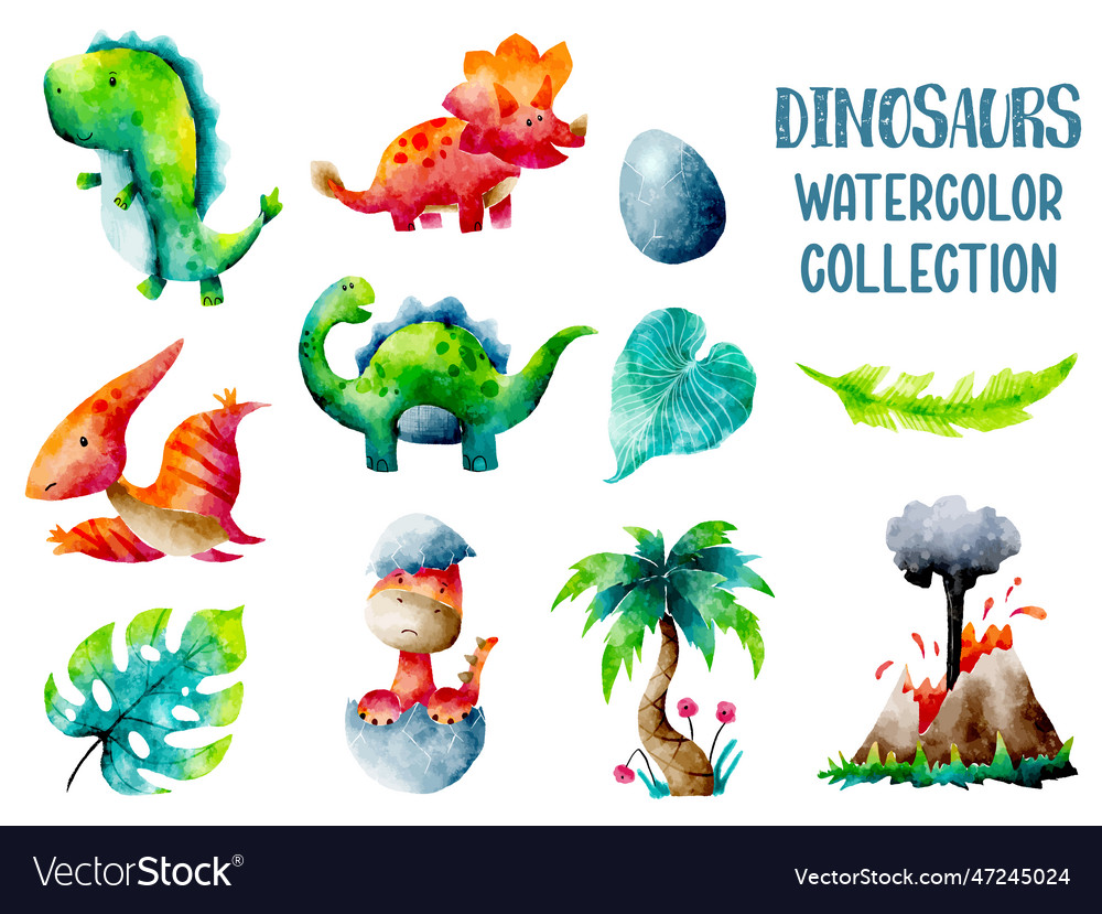 Watercolor cute dinosaurs prehistoric collection Vector Image