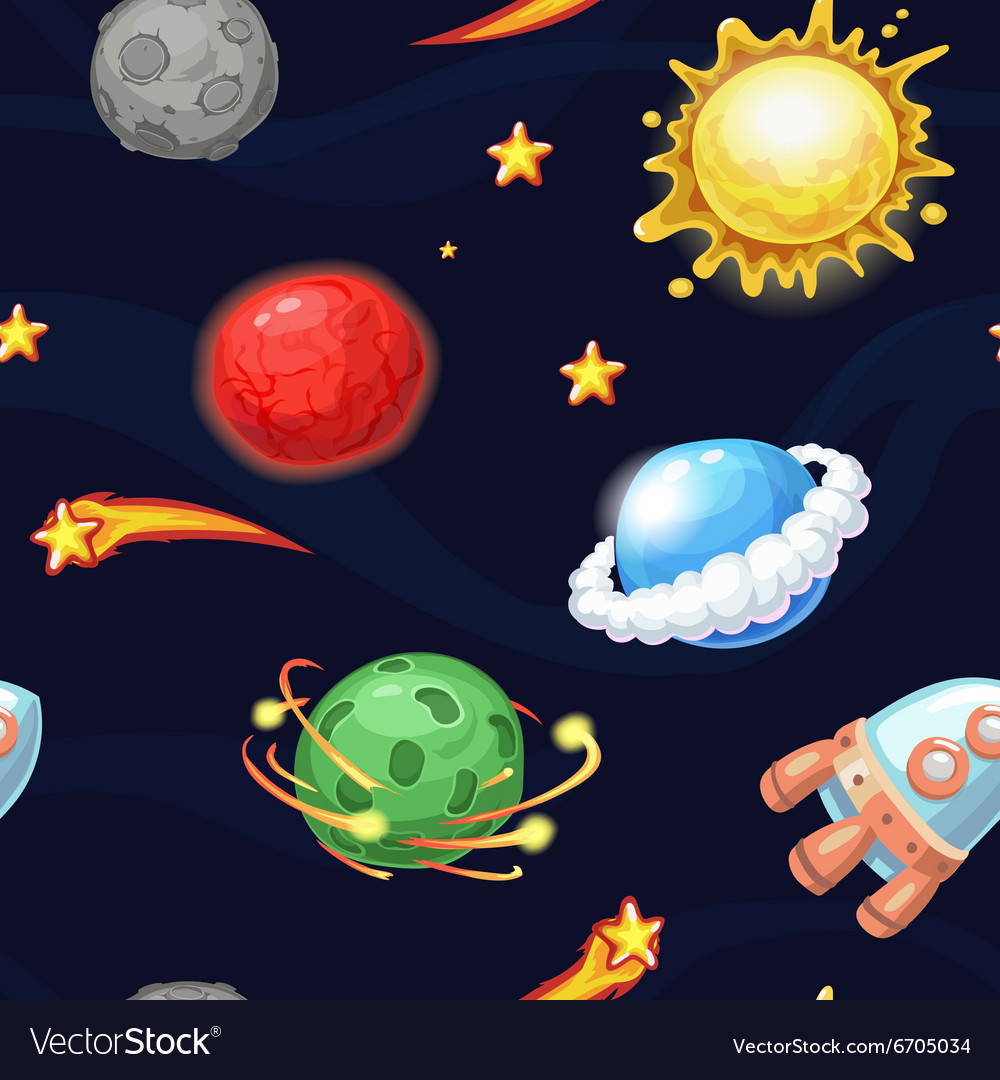 Seamless pattern with rocket and fantastic planets