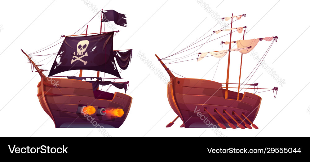 Pirate ship and slave galley with oars isolated Vector Image