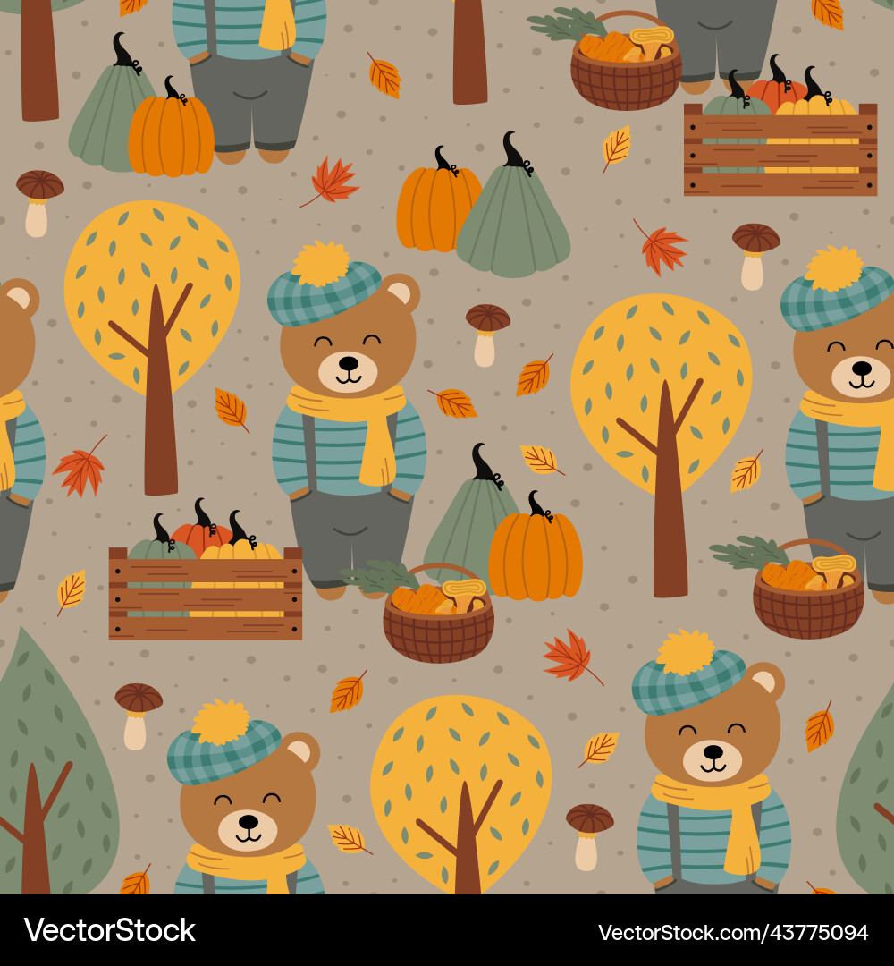 Seamless pattern with cute bear and harvest Vector Image