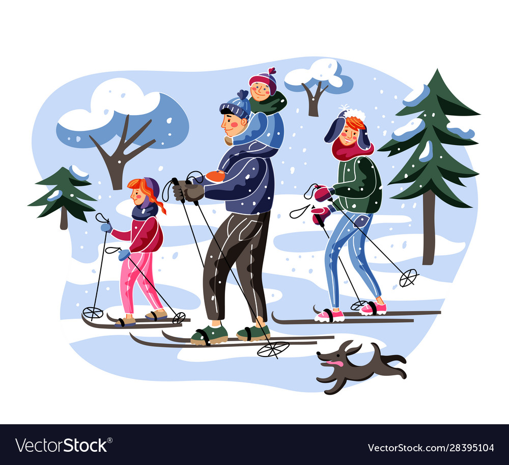 Family skiing flat Royalty Free Vector Image - VectorStock