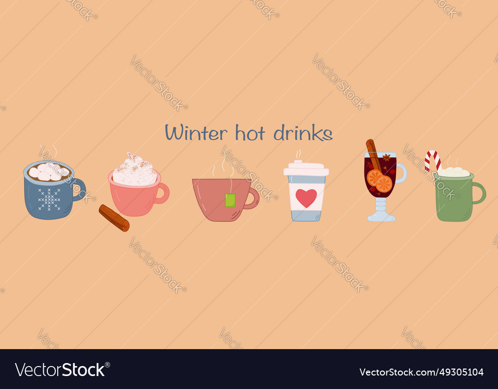 Set with different winter hot drinks Royalty Free Vector