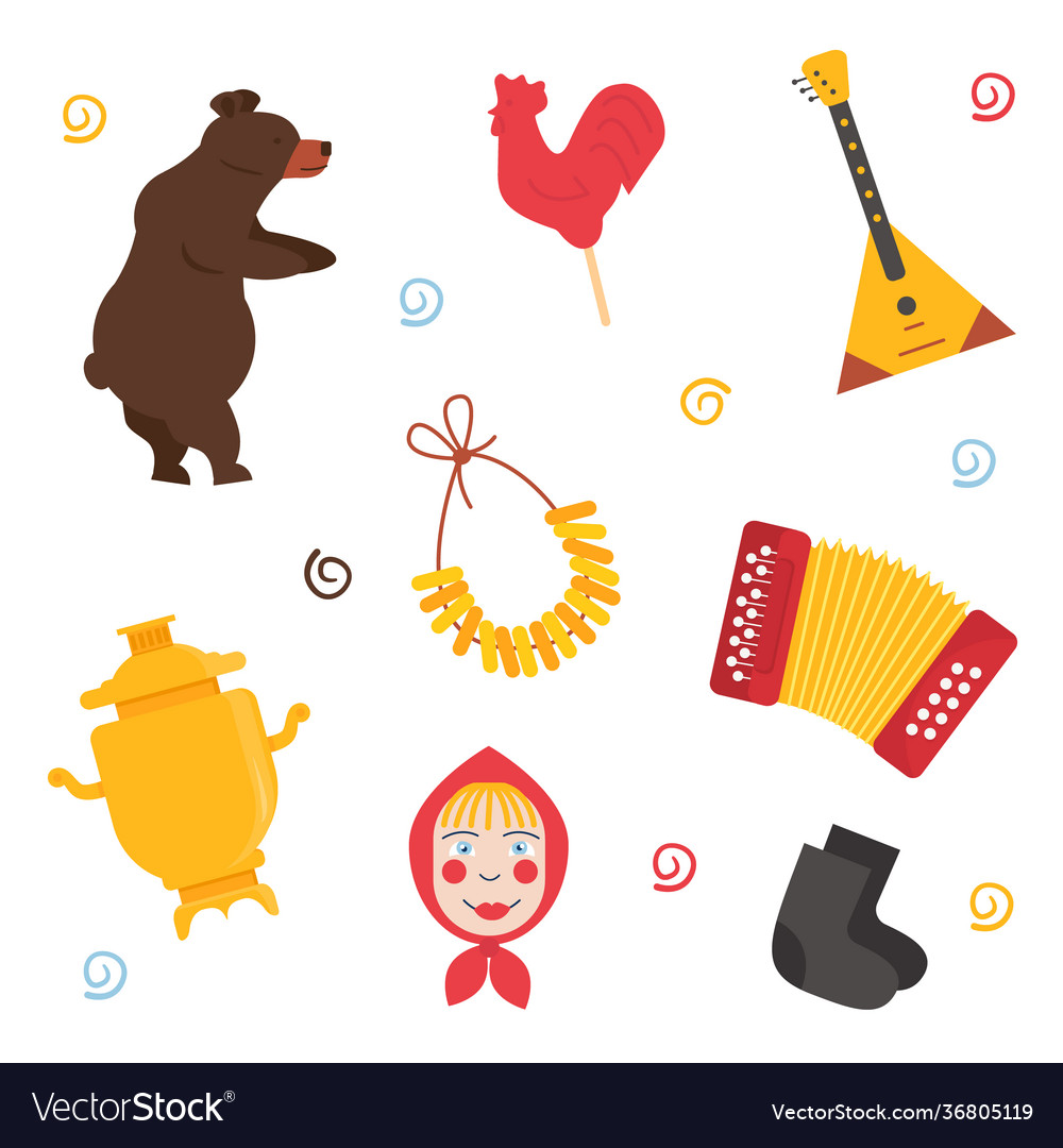 Collection russian national attributes isolated Vector Image