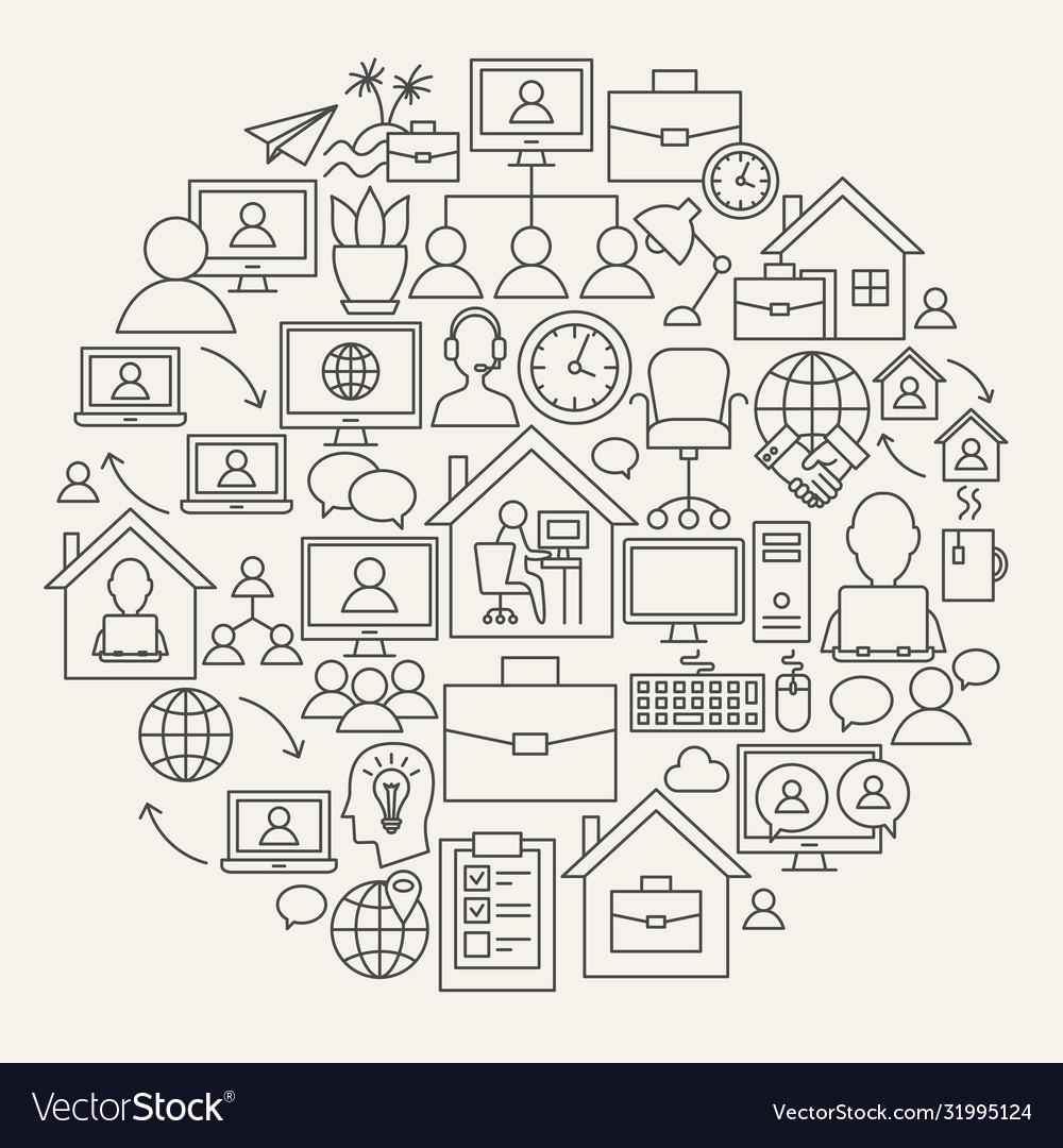 Remote work line icons circle Royalty Free Vector Image