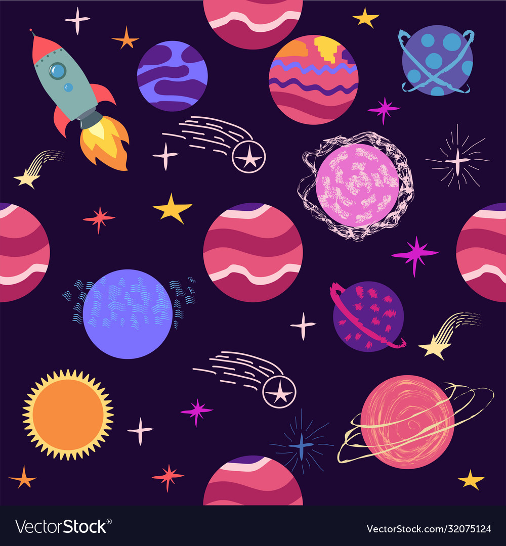 Seamless pattern planets rockets and stars Vector Image