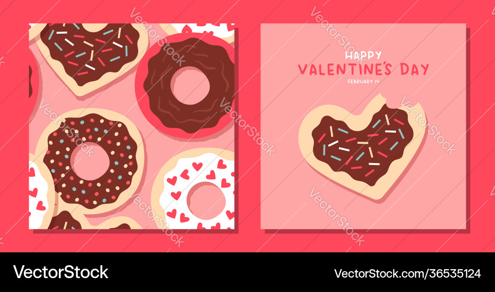 Valentines day pink donut heart pattern card set Vector Image