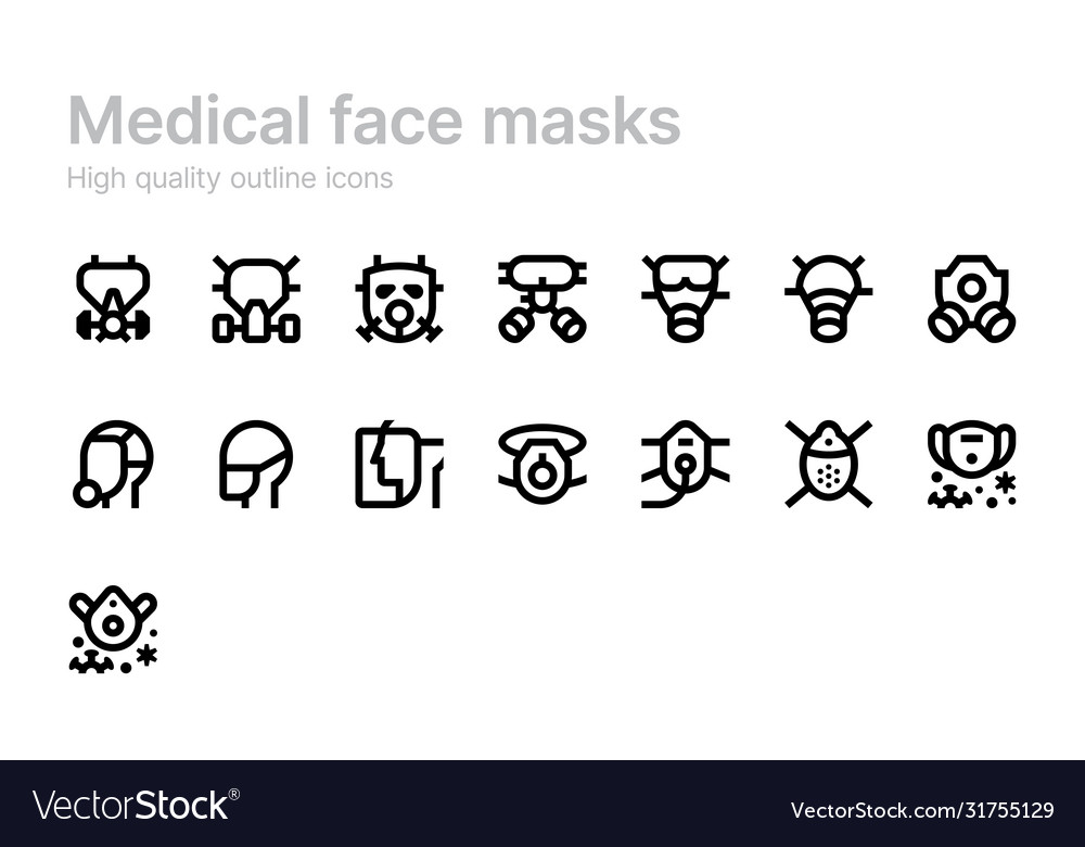 Medical face masks icons outline style Royalty Free Vector
