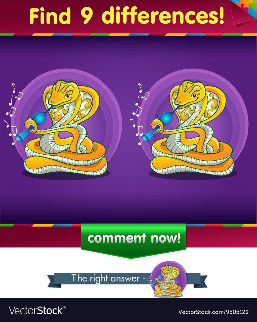 Spot 9 differences snake Royalty Free Vector Image