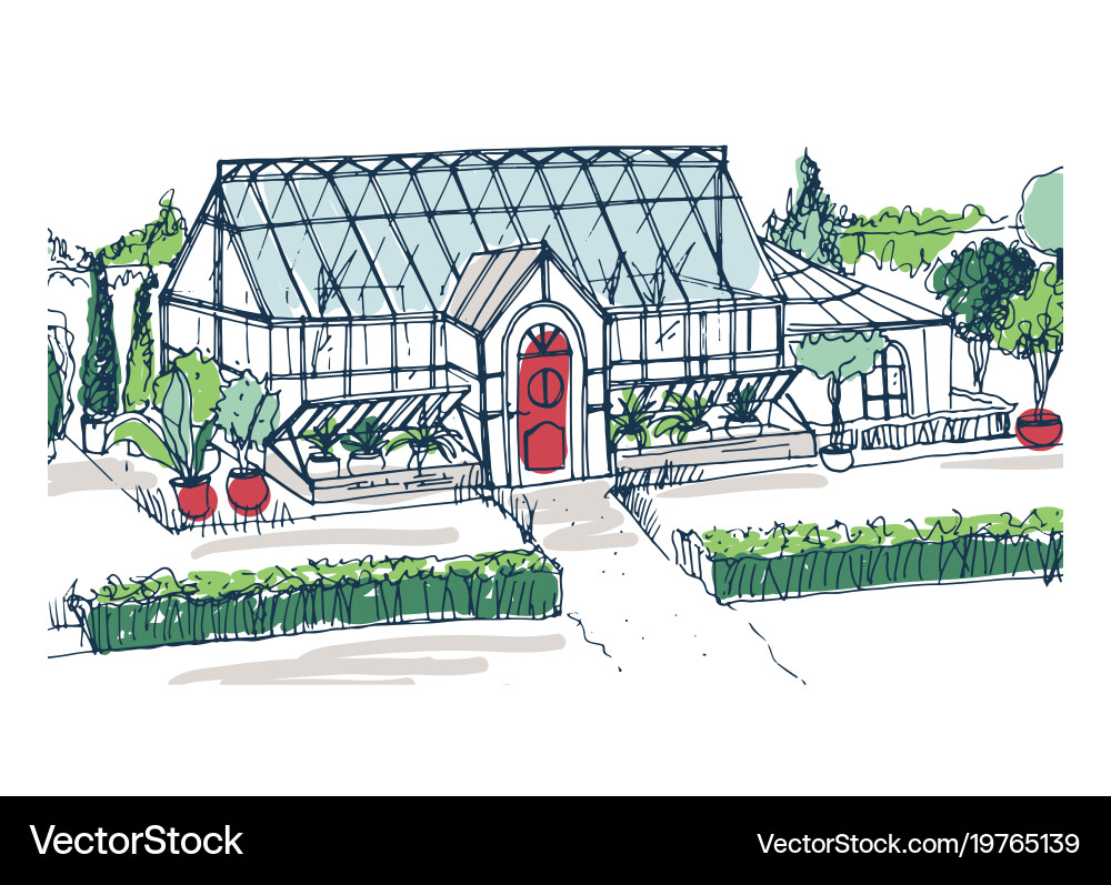 Drawing elegant glasshouse building with red Vector Image
