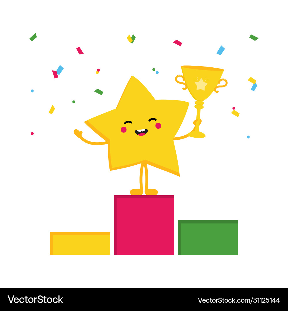 Star character celebrating triump holding trophy Vector Image