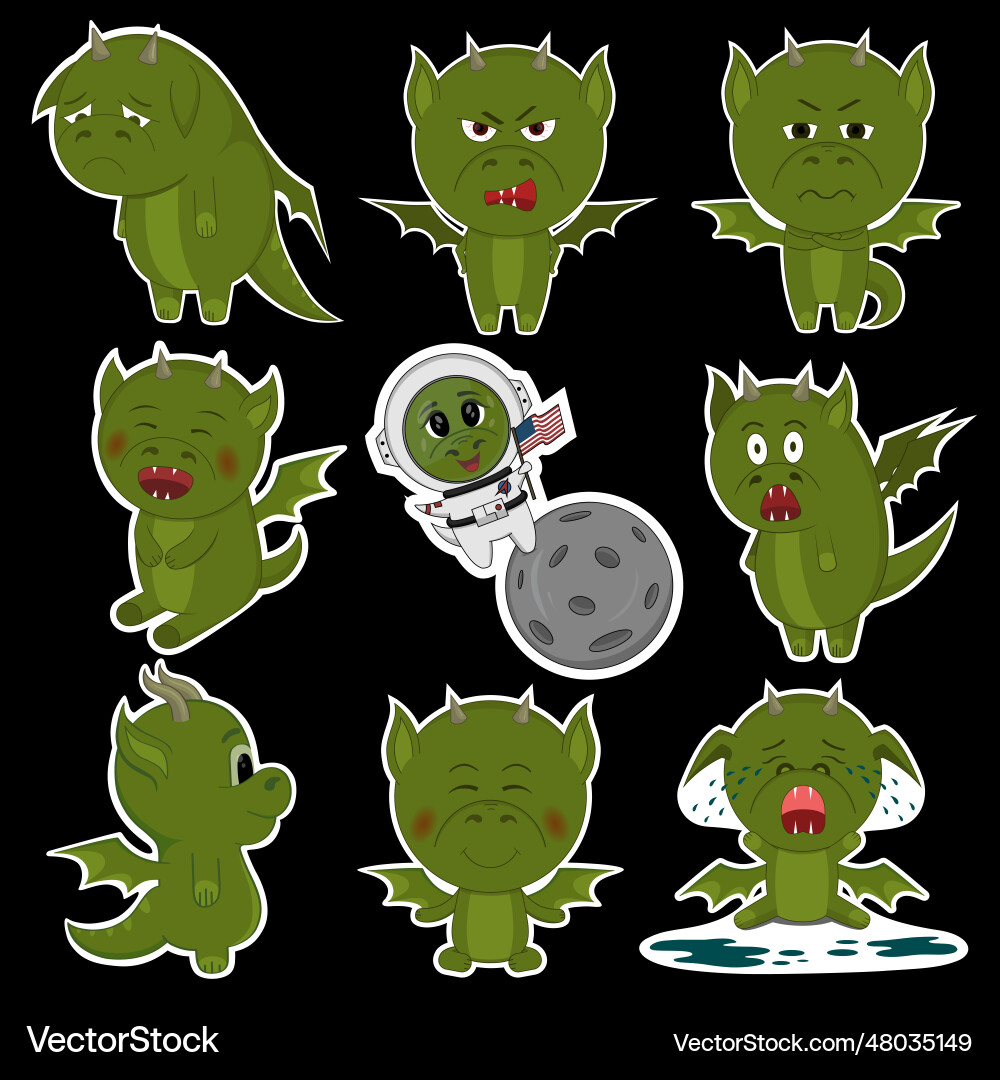 Green dragon emotion sticker dragon emotions sad Vector Image