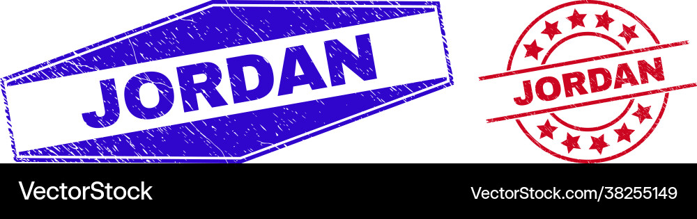 Jordan grunged stamps in circle and hexagon forms Vector Image