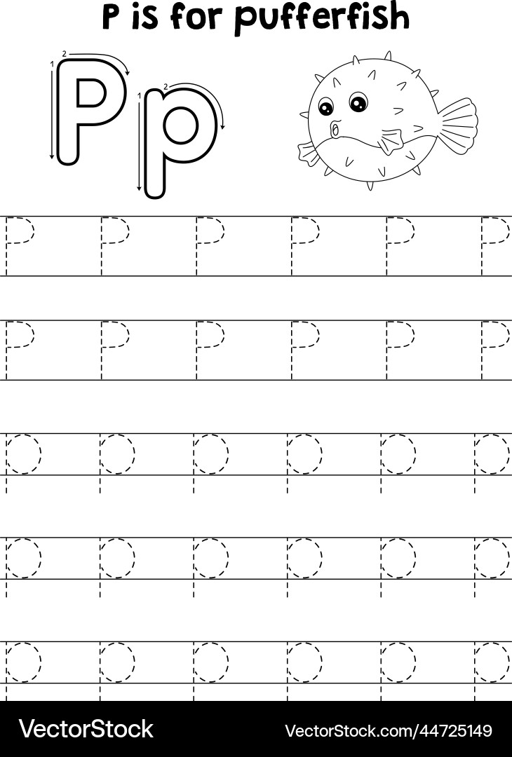 Pufferfish animal tracing letter abc coloring p Vector Image