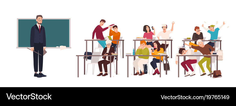 Students sitting at desks in classroom and Vector Image
