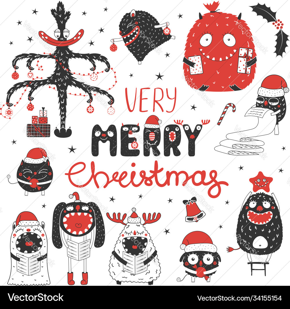 Cute and funny christmas monsters Royalty Free Vector Image