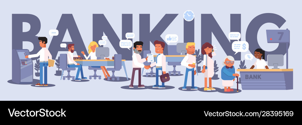 Banking word with interior panorama flat color Vector Image