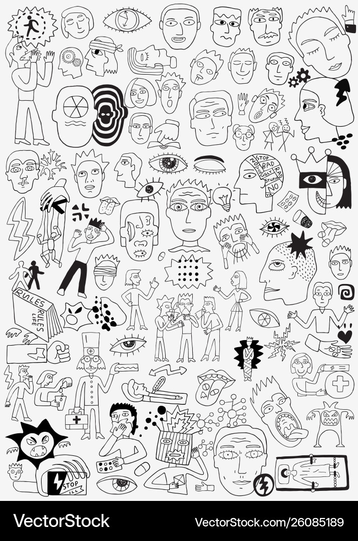Psychology sick people -big doodle set Royalty Free Vector