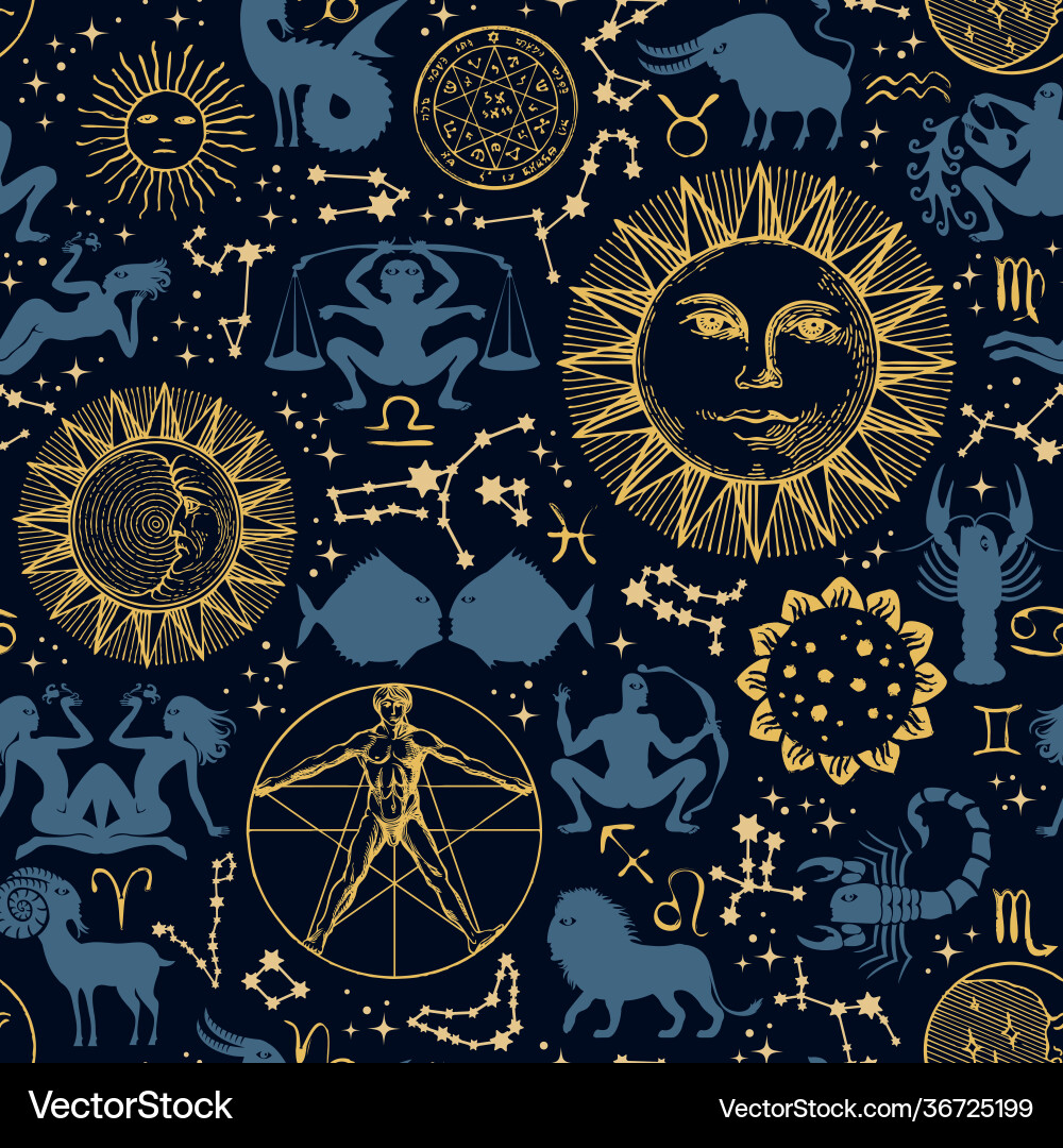 Seamless pattern with sun crescent zodiac signs Vector Image