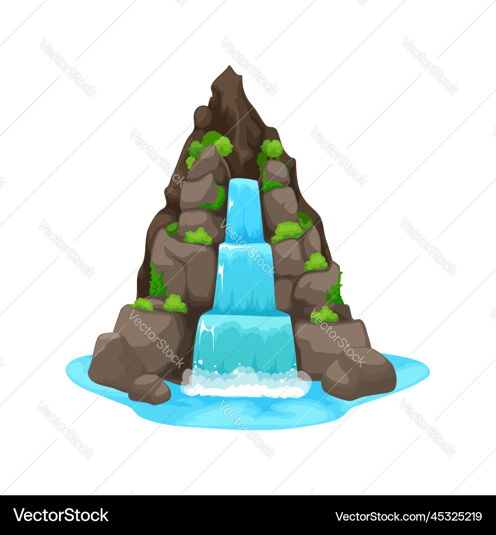Cartoon waterfall and water cascade fall from rock