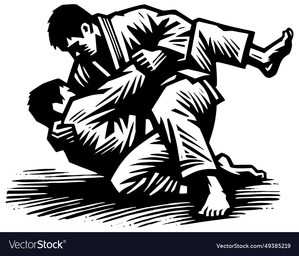 Jiu-jitsu fight linocut Royalty Free Vector Image Jiu-jitsu fight linocut Royalty Free Vector Image