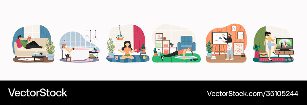 Stay home in quarantine scene set flat Royalty Free Vector