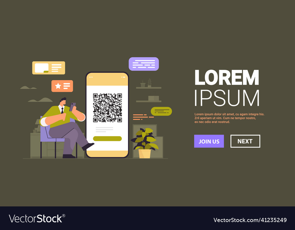 Businessman scanning qr code on smartphone screen Vector Image
