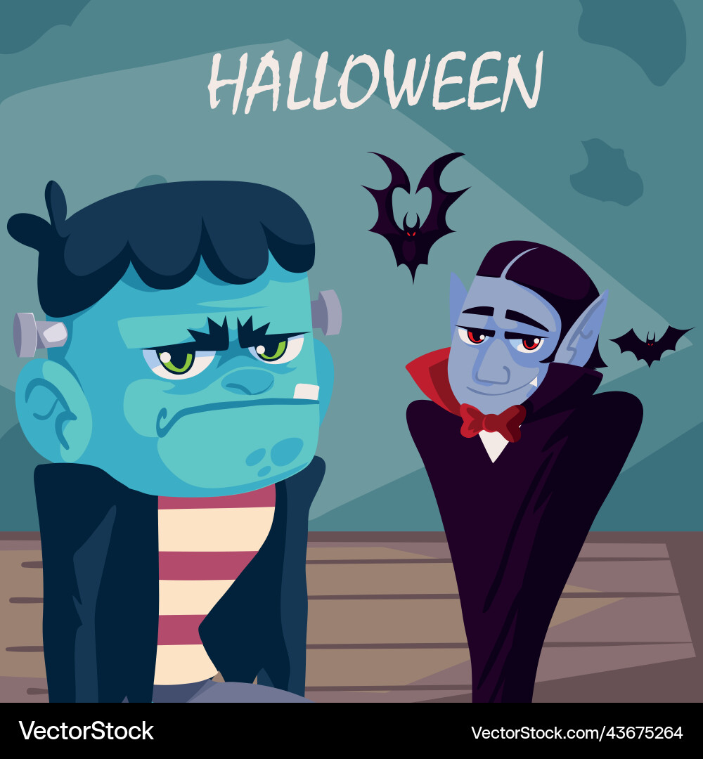 Halloween characters and bats Royalty Free Vector Image