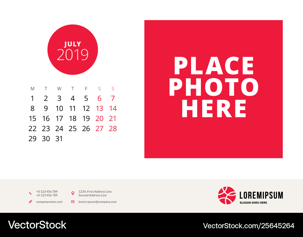 July 2019 desk calendar design template Royalty Free Vector