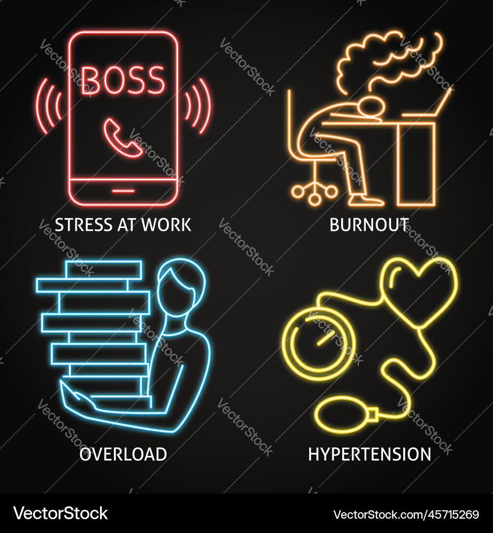 Neon stress and burnout icon set Royalty Free Vector Image