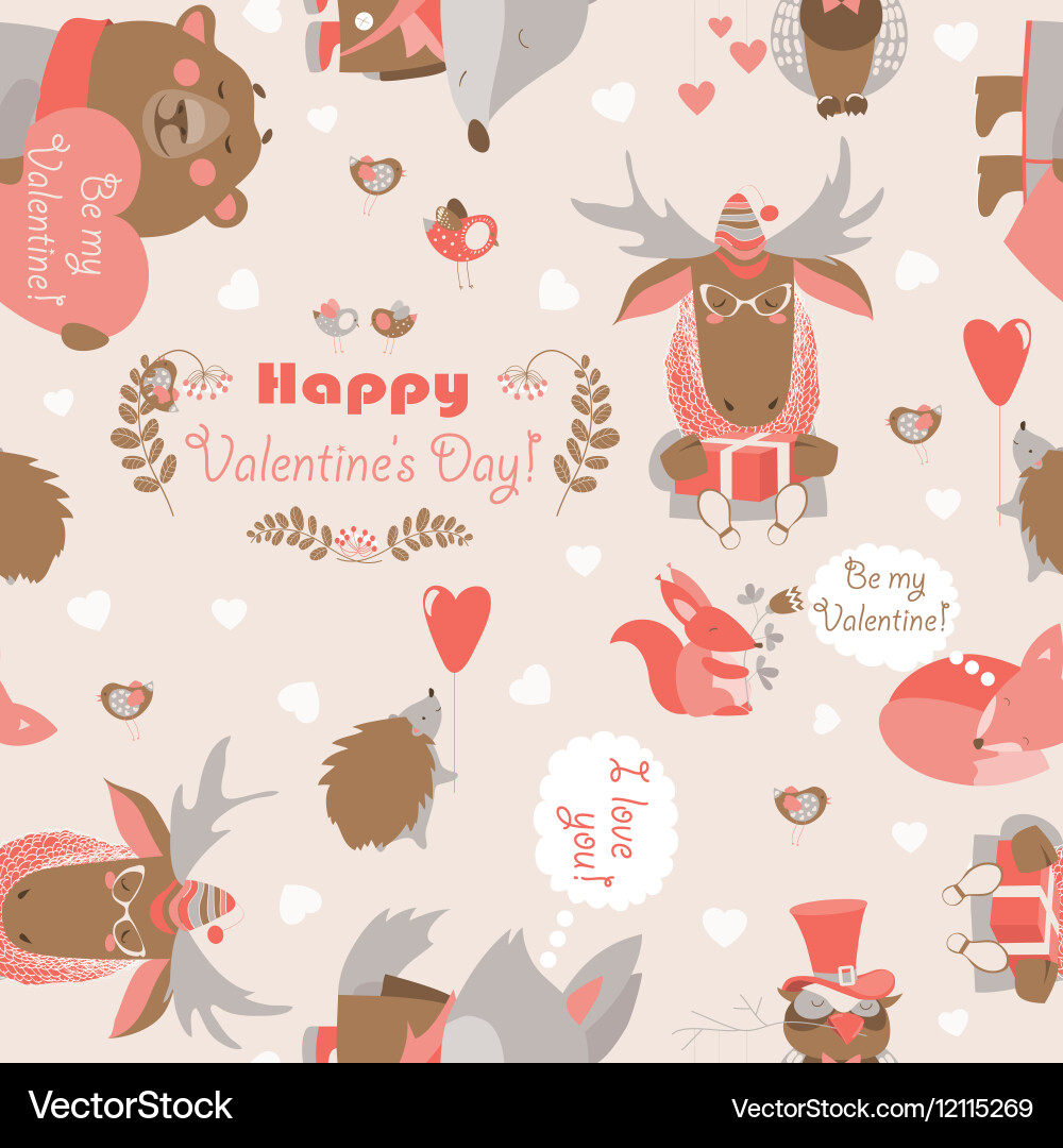 Seamless valentines pattern with fun animals Vector Image