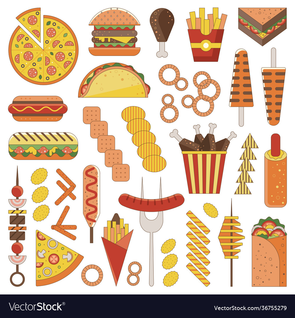 Fast food and junk icons set Royalty Free Vector Image