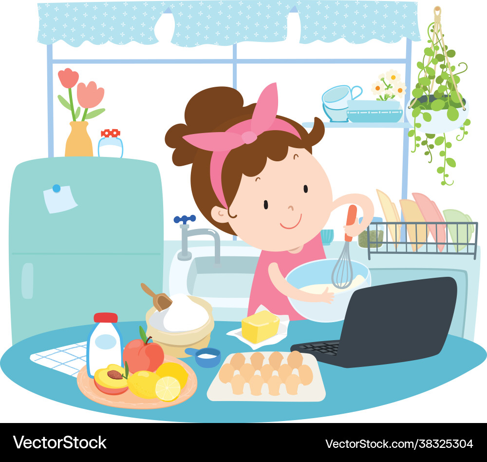 Woman is learning cooking class online from home Vector Image