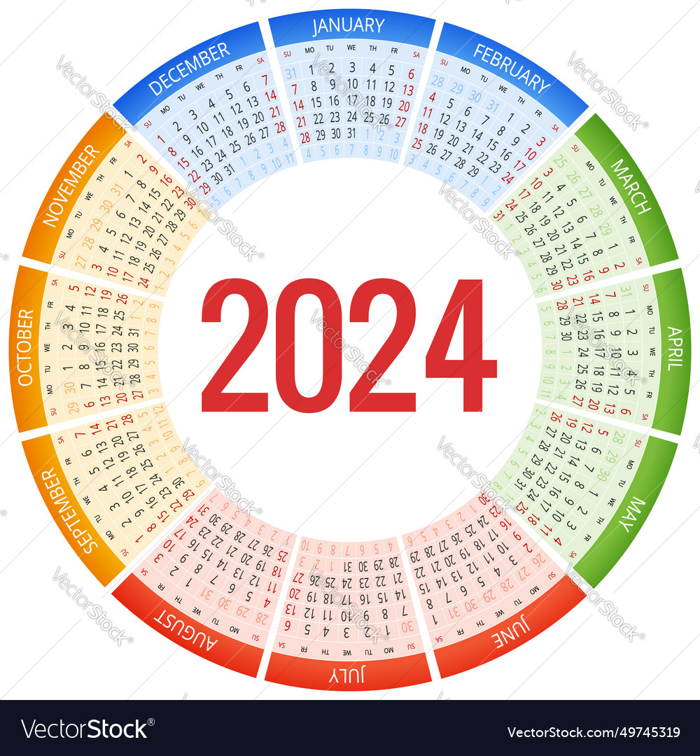 Colorful round calendar 2024 calendar portrait Vector Image Colorful round calendar 2024 calendar portrait Vector Image