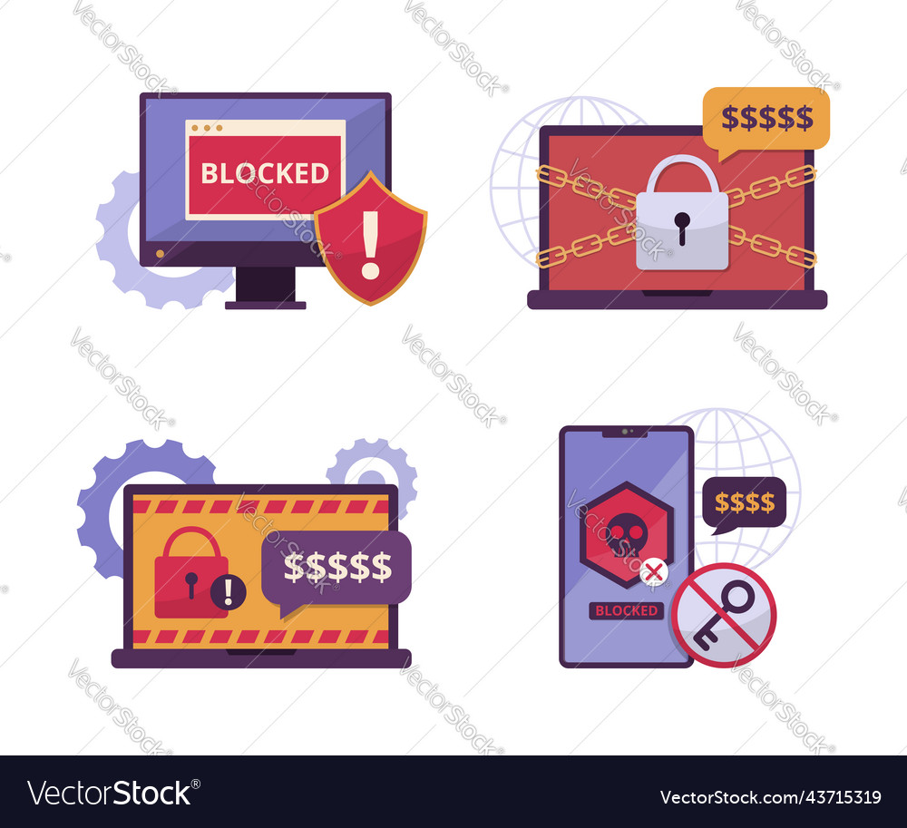Ransomware attack digital devices set Royalty Free Vector