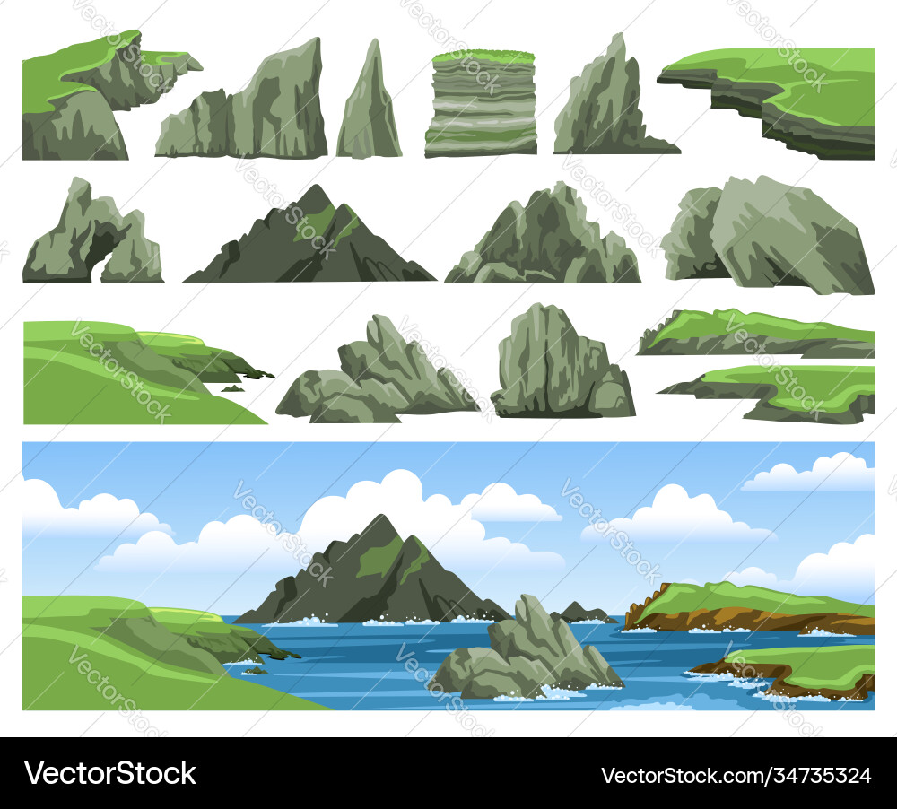 Set sea landscape elements mountains rocks Vector Image