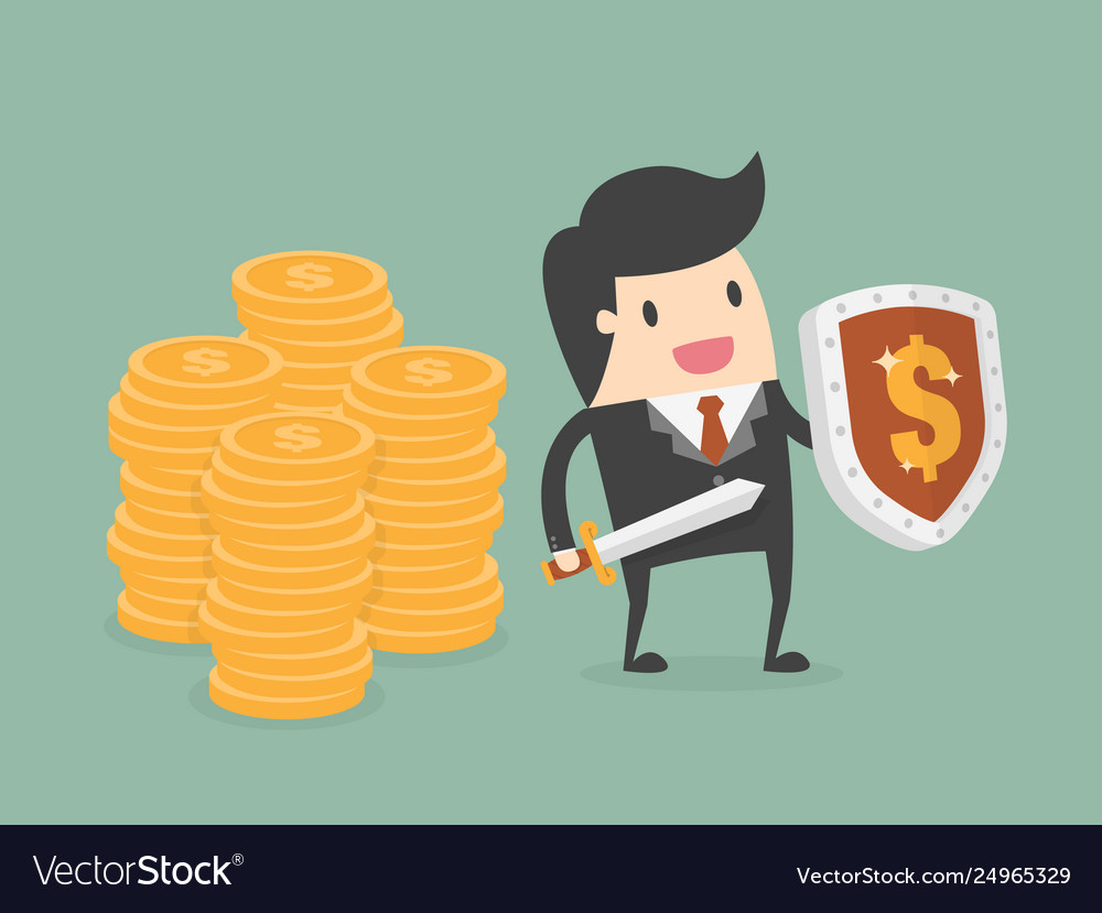 Businessman protecting money with shield and sword Businessman protecting money with shield and sword