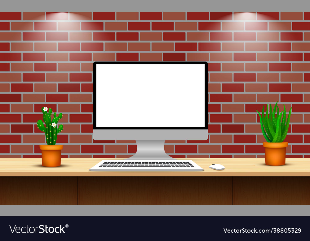 Computer on wooden table in work room Royalty Free Vector