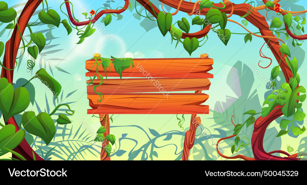 Wooden signboard on rainforest background Vector Image